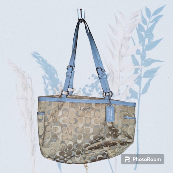 Coach | Bags | Coach Gallery Signature Jacquardleather Trim Blue | Poshmark